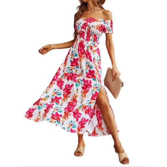 NXH | Dresses | Nxh Red White Floral Smocked Side Slit Off Shoulder ...